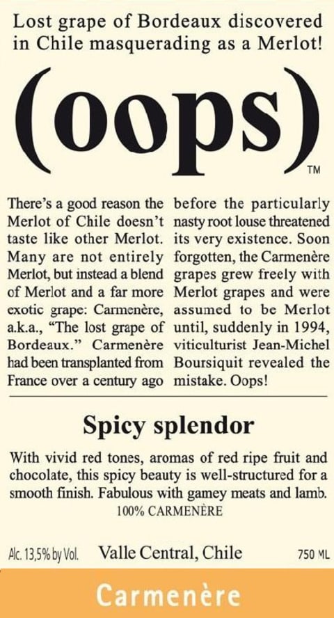 Oops Spicy Splendor Carmenere 2016 | Wine.com