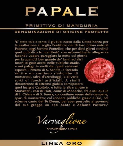 Varvaglione Primitivo di Manduria Papale Linea Oro 2016 | Wine.com