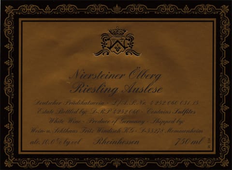 Weingut Fritz Windisch Niersteiner Oelberg Riesling Auslese 2018 | Wine.com