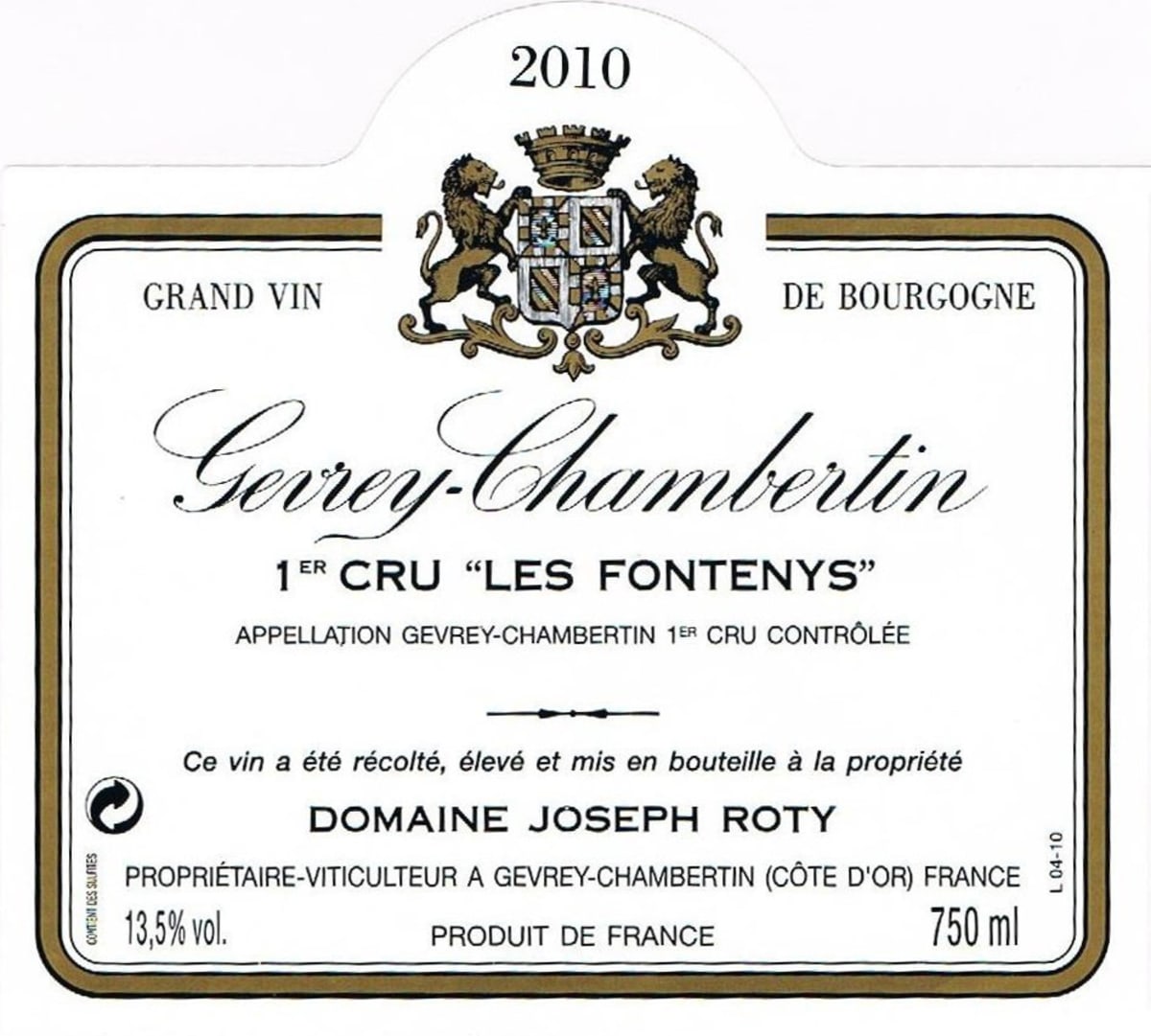 Domaine Joseph Roty Gevrey-Chambertin Les Fontenys Premier Cru 2010 ...
