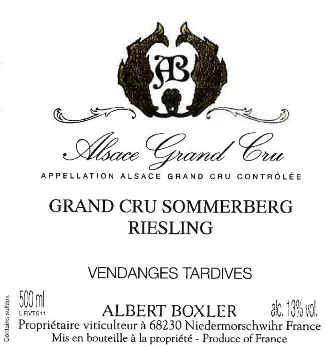 Albert Boxler Grand Cru Sommerberg Vendanges Tardives Riesling (500ml ...