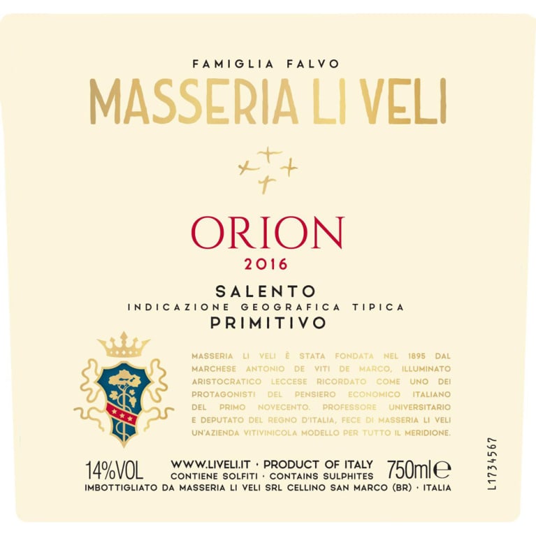 Li Veli Orion Primitivo 2016 | Wine.com
