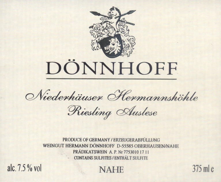Donnhoff Niederhauser Hermannshohle Riesling Auslese Goldkapsel (375ML ...
